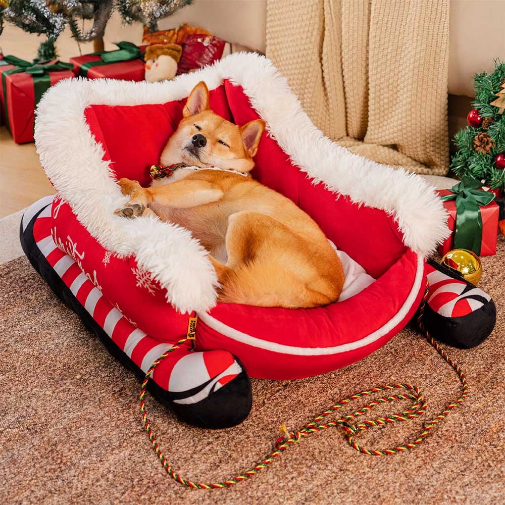 Festive Plush Cozy Dog Bed - Christmas Sleigh – mickcorbin